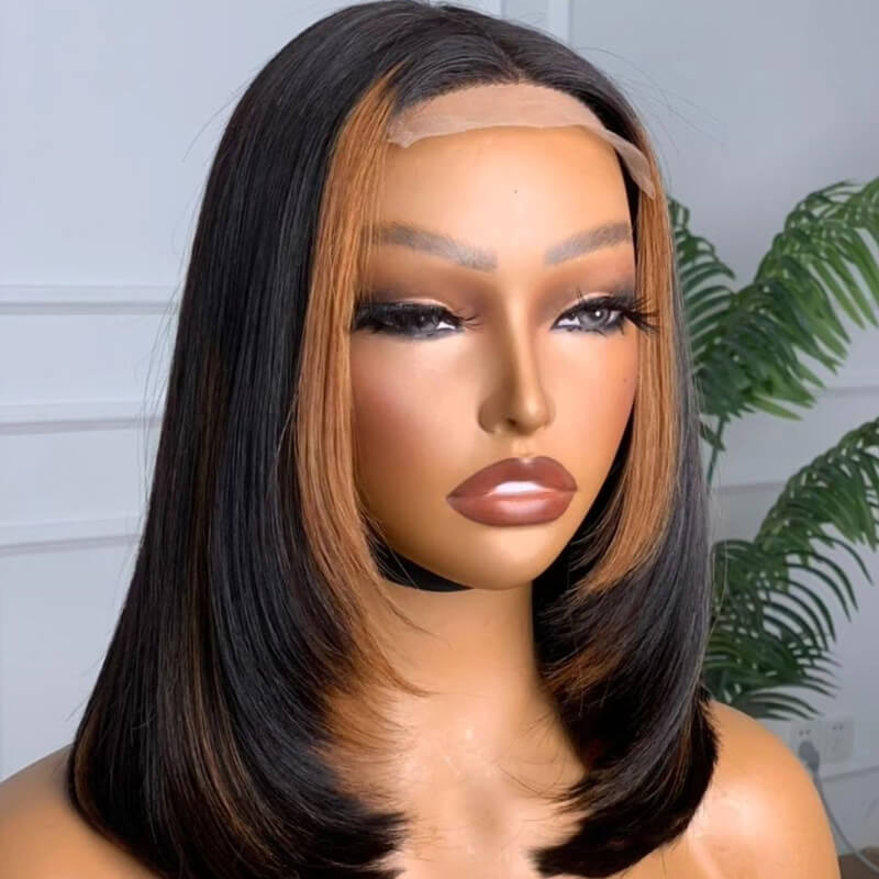 eullair Layered Cut Short Glueless Hunan Hair BOB Brown Highlight Pre ...