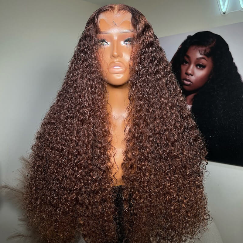 eullair Dark Brown Curly Lace Frontal Wig Affordable Reddish Brown Glu ...