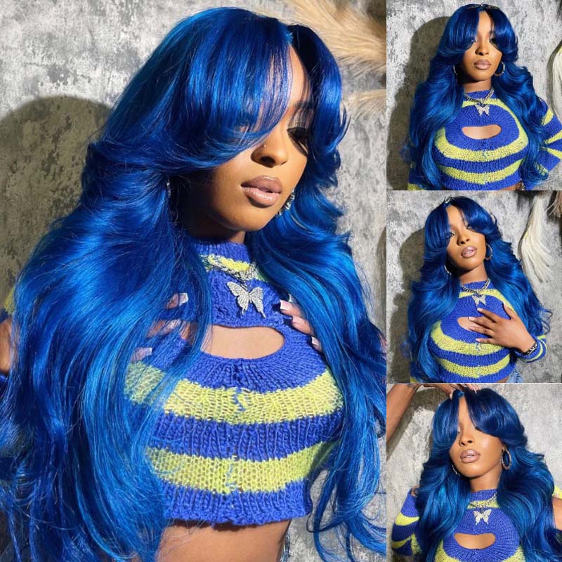 eullair Blue Body Wave Wavy with Layered Curtain Bangs Wig Blue Straig ...