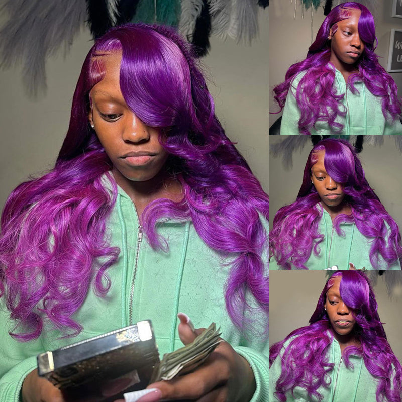 eullair Dark Violet Purple Body Wave Wig Human Hair 13x4 13x6 Lace Fro ...