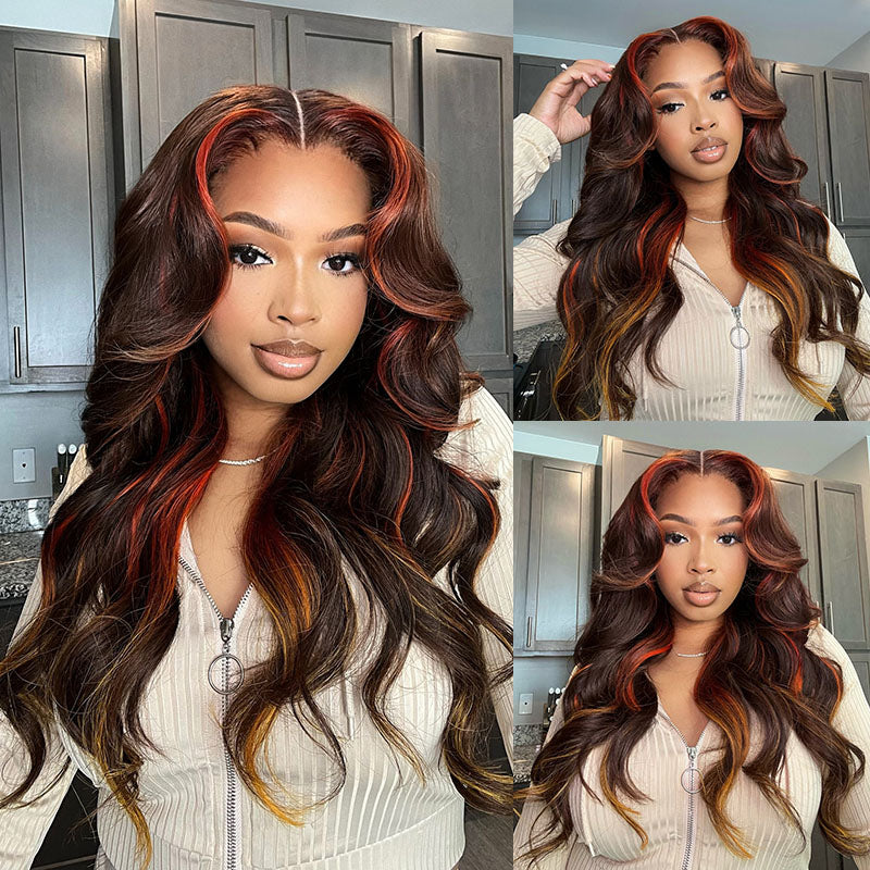 eullair Multi Colored Lace Front Wig Brown with Mixed Orange Yellow Hu ...