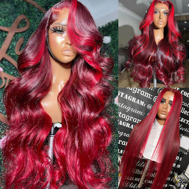 eullair Burgundy Red Highlight Body Wave Wig Skunk Stripe Lace Frontal ...