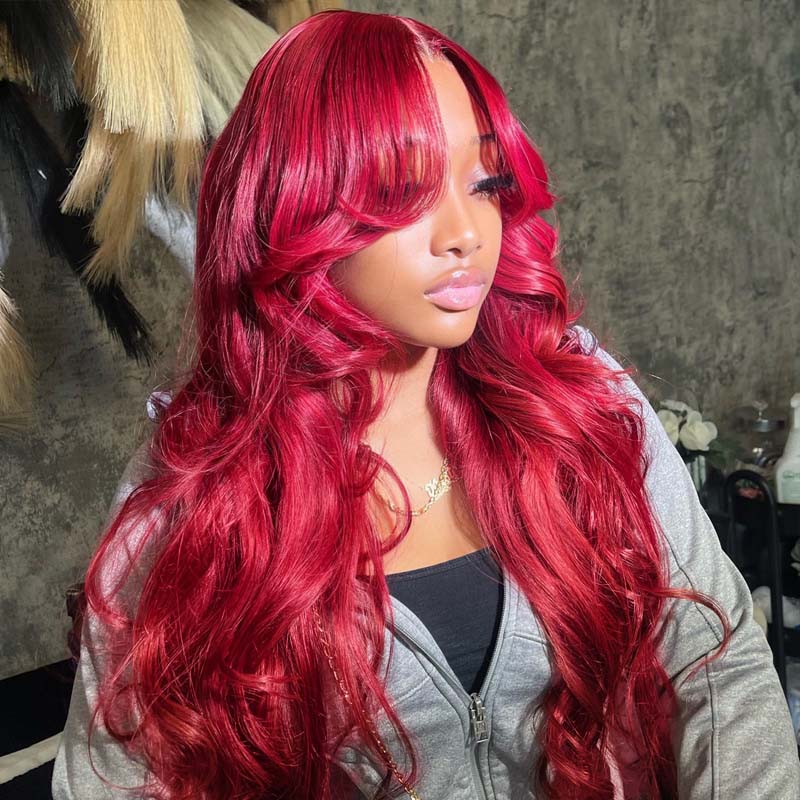 eullair Burgundy Red Body Wave with Layered Cut Curtain Bangs Wig Huma ...