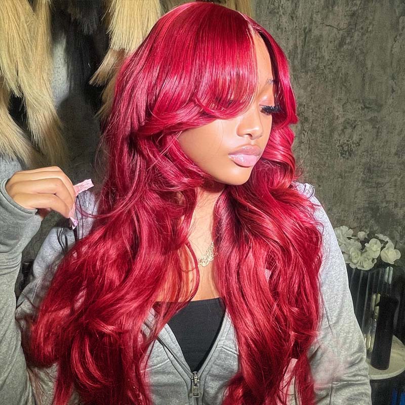 eullair Burgundy Red Body Wave with Layered Cut Curtain Bangs Wig Huma ...