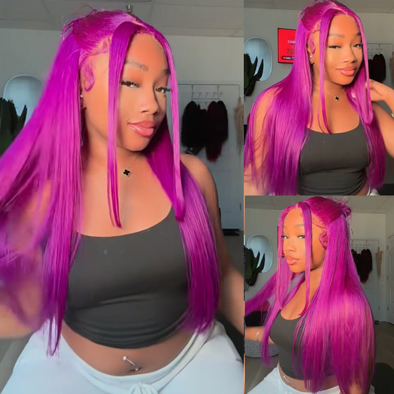 eullair New Fuchsia Pink Straight Human Hair Wig Rose Red Body Wave La ...
