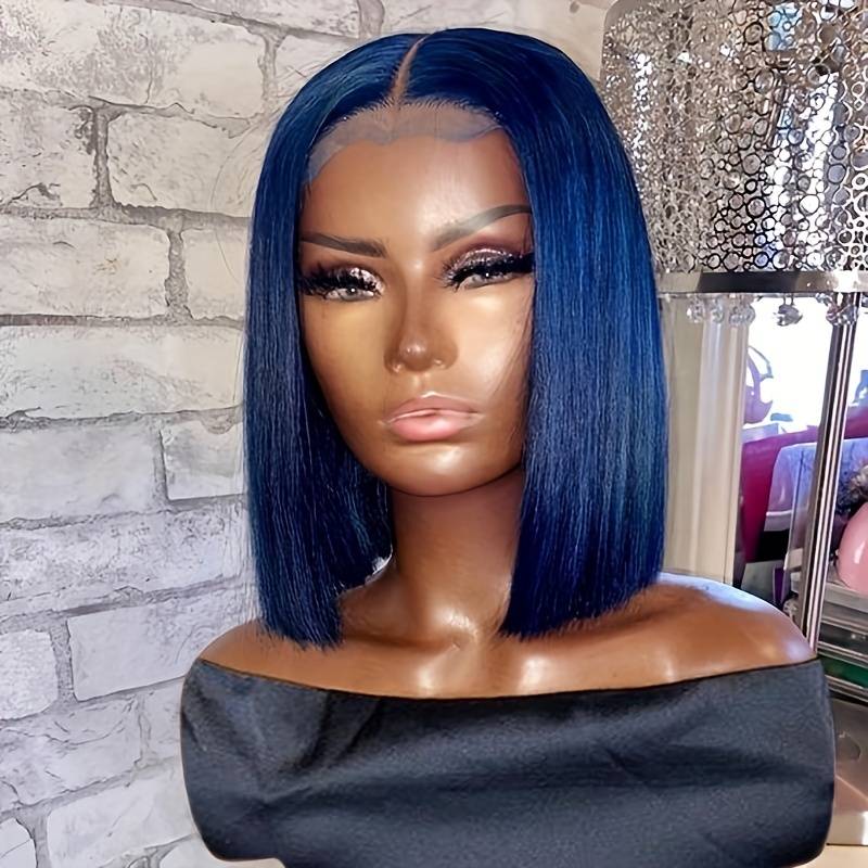 eullair Short Navy Blue Straight Lace Frontal Wig Pre Colored Hunan Ha