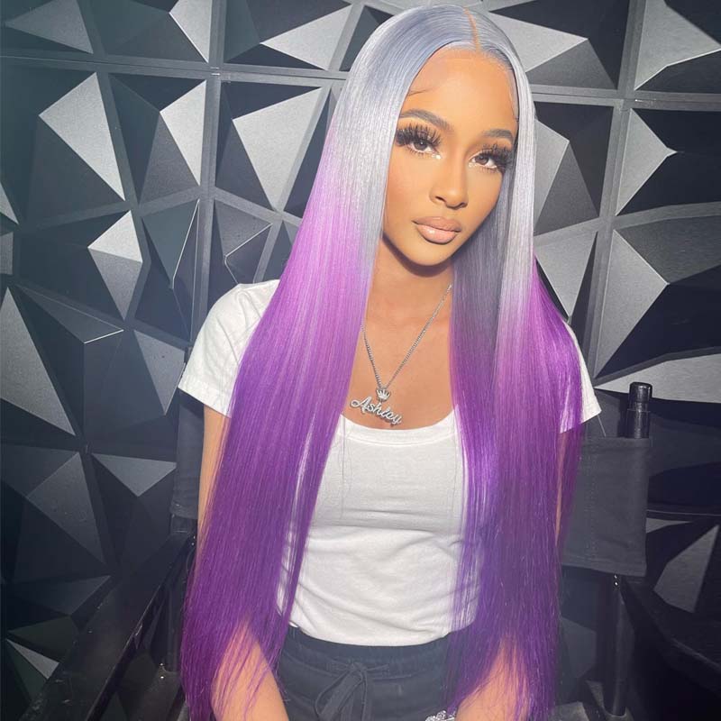 eullair Ombre Grey Purple Straight Human Hair Wig Pre Plucked Transpar ...